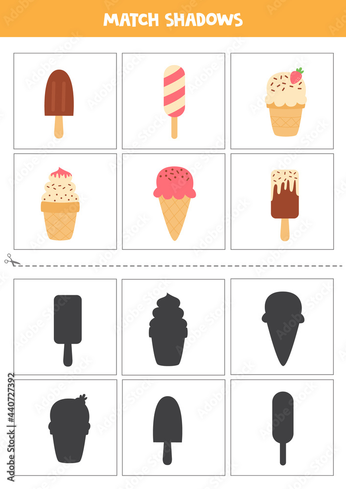 Shadow matching cards for preschool kids. Cartoon ice cream. Stock ...