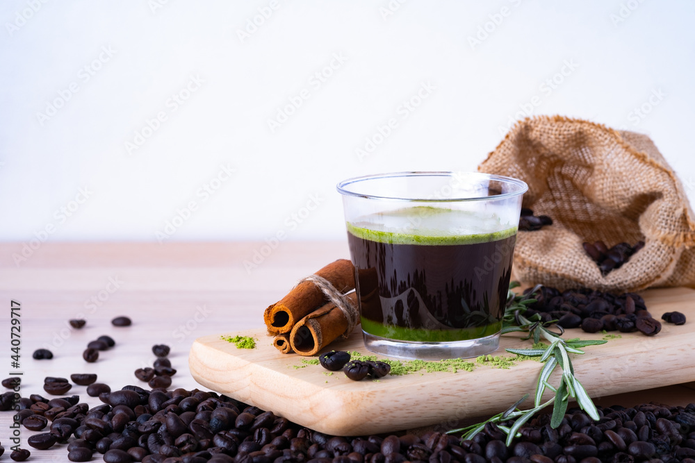 Hot espresso black coffee matcha green tea mix shot with green tea ...