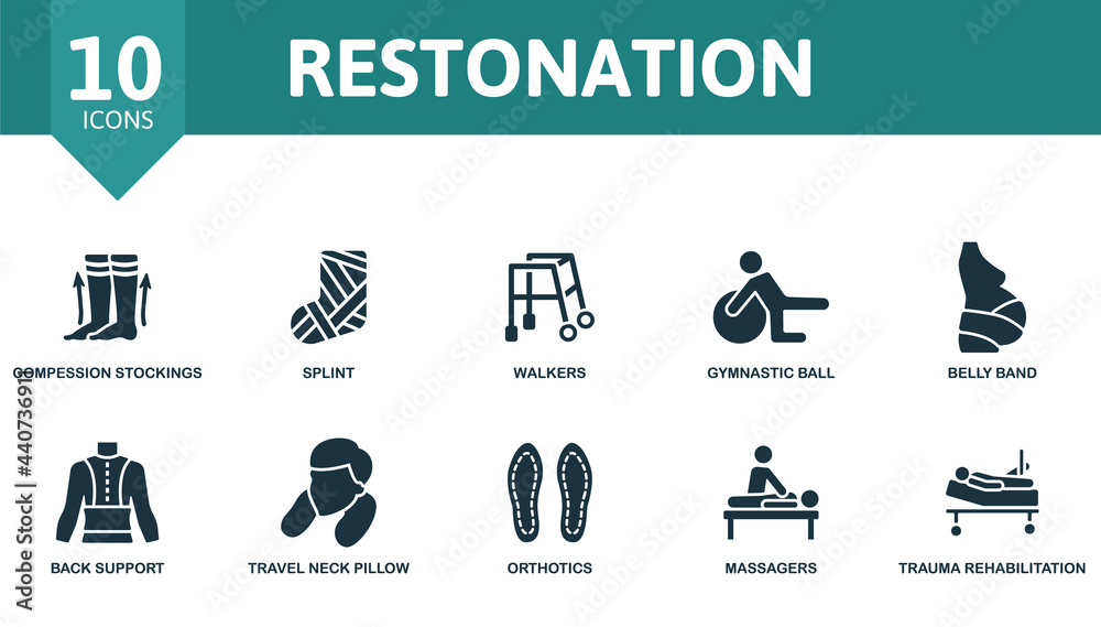 Restonation icon set. Contains editable icons trauma rehabilitation ...