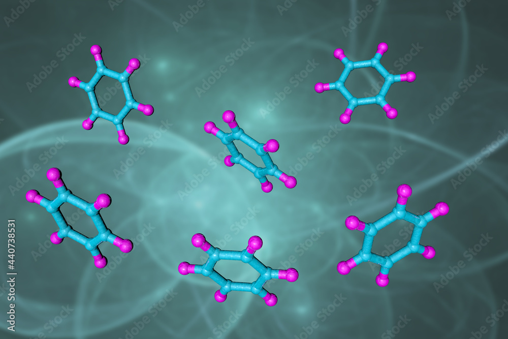 Molecular model of benzene, a colorless or light-yellow liquid chemical ...