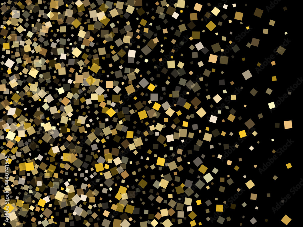 Yellow gold square confetti sparkles falling on black. VIP New Year ...