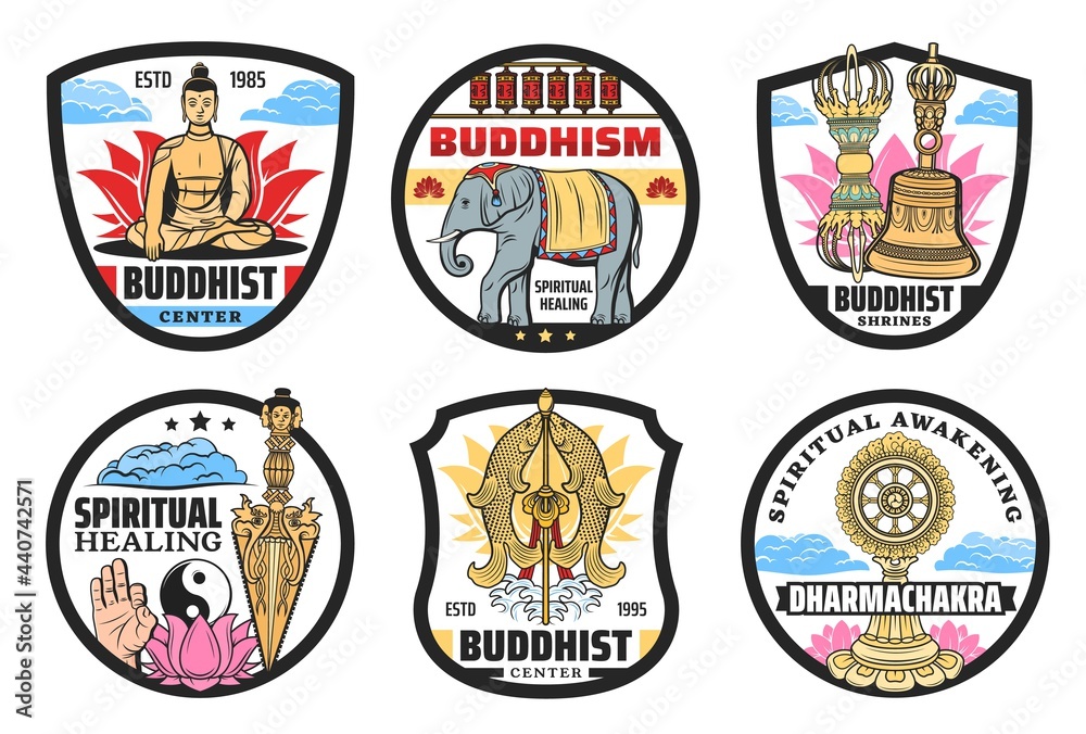 Buddhism icons, spiritual practices center. Vector meditating Buddha ...