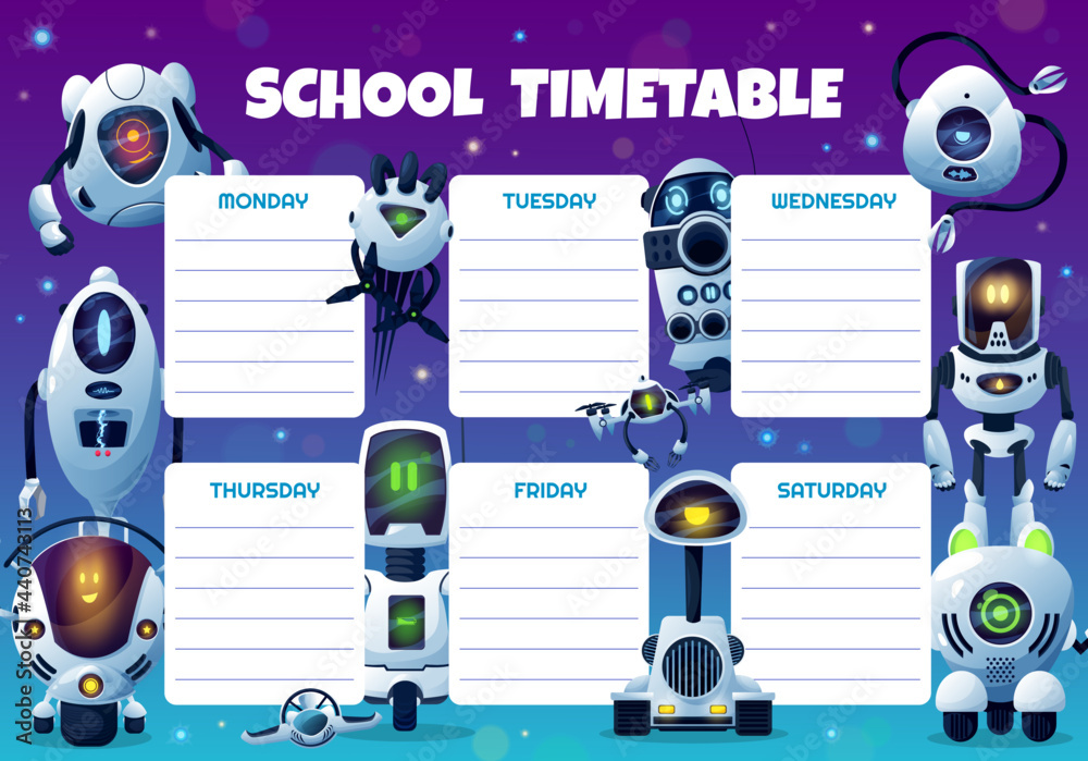 Robots, drones and androids school timetable vector template ...
