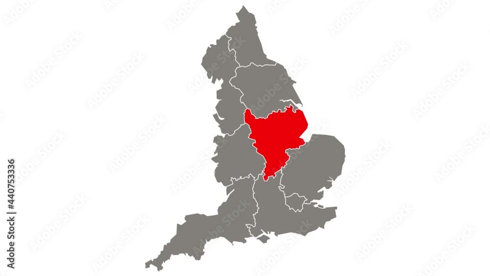 East Midlands region blinking red highlighted in map of England UK ...