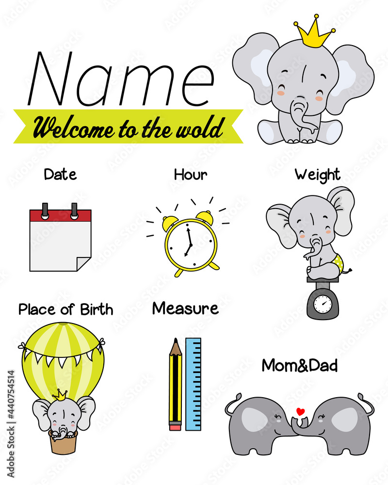 Baby birth print. Baby data template at birth. Weight, measurement ...