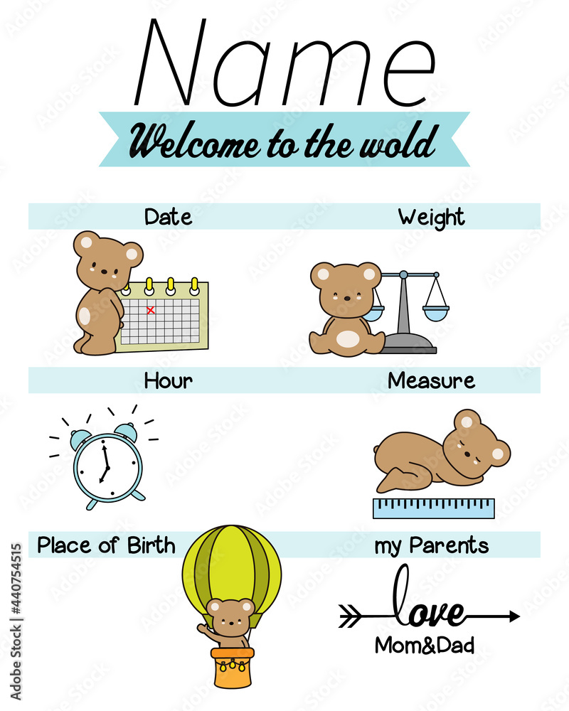 Baby birth print. Baby data template at birth. Weight, measurement ...