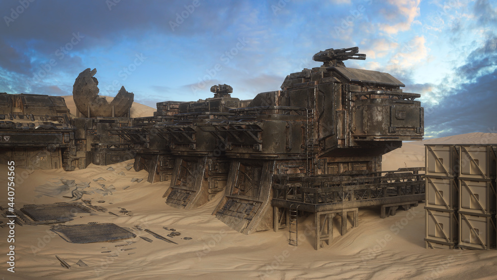 3D illustration of an abandoned ruin of an outpost in the desert of a ...