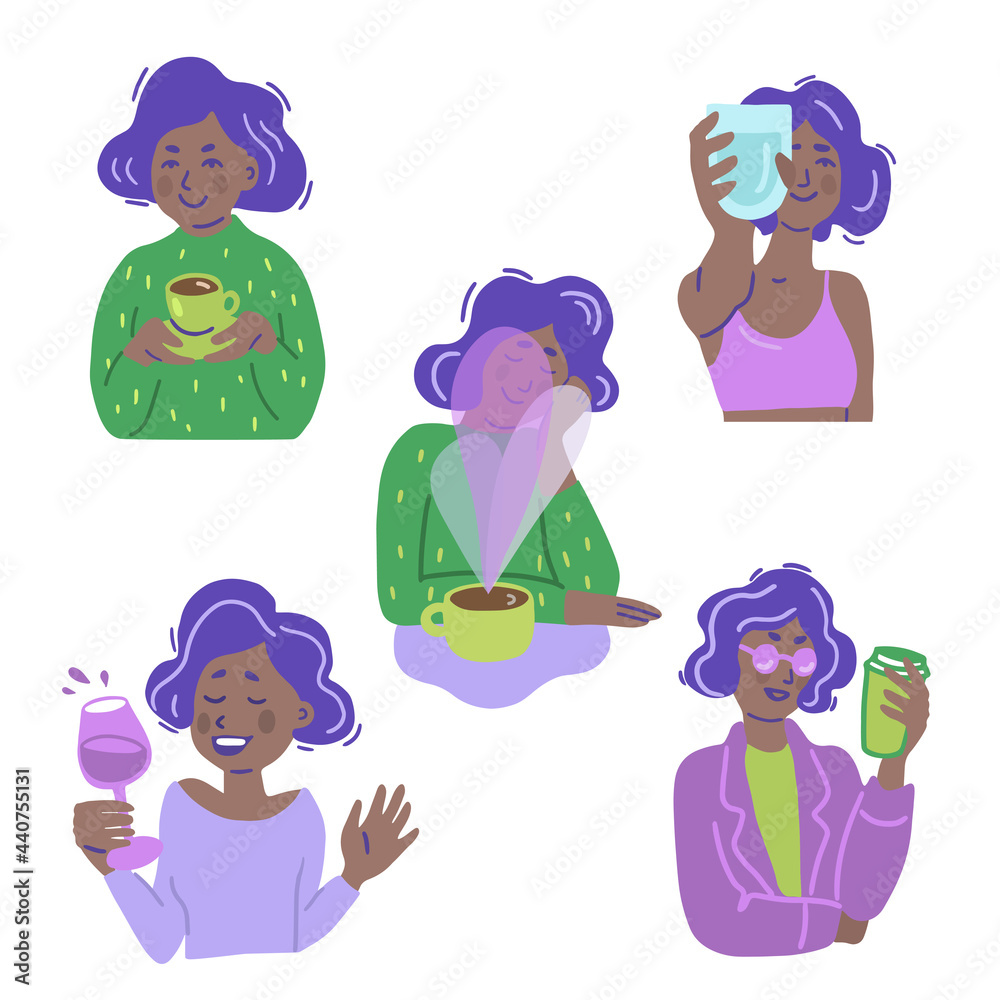 Set of five cartoon characters drinking different beverages: tea,coffee ...