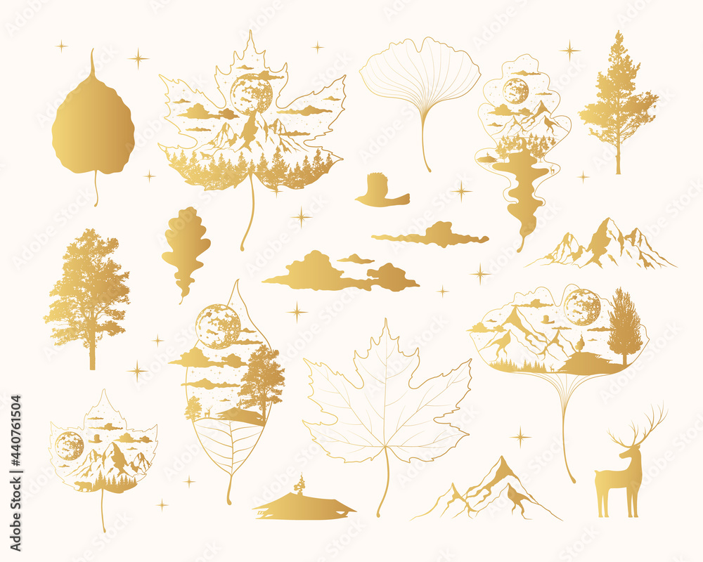 Golden Mystical leaves collection. Gold Celestial leaves with mountain ...