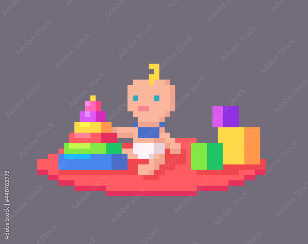 Baby plays with toys. Child character in pixel art style. Stock Vector ...