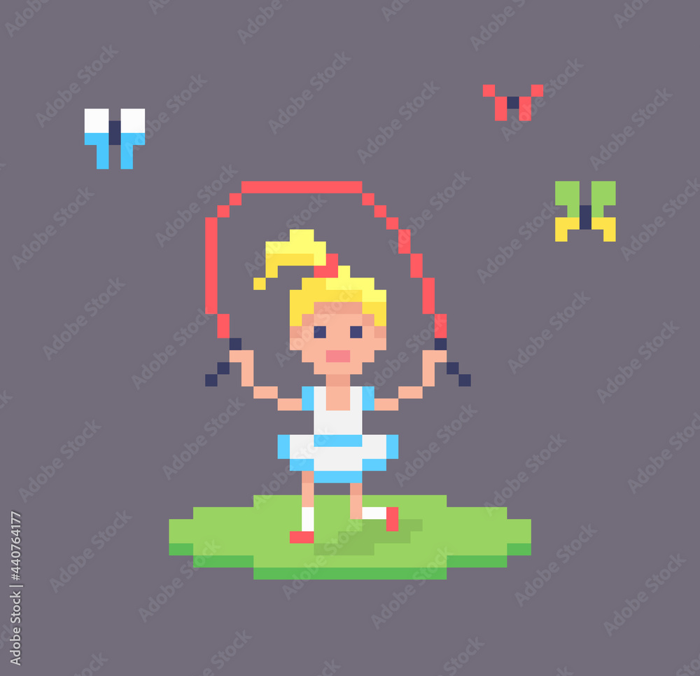 Girl jumping rope. Child character in pixel art style. Stock Vector ...