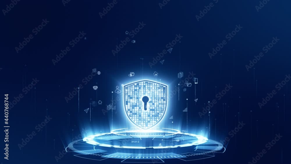 Motion graphic of Blue security shield logo with digital futuristic ...
