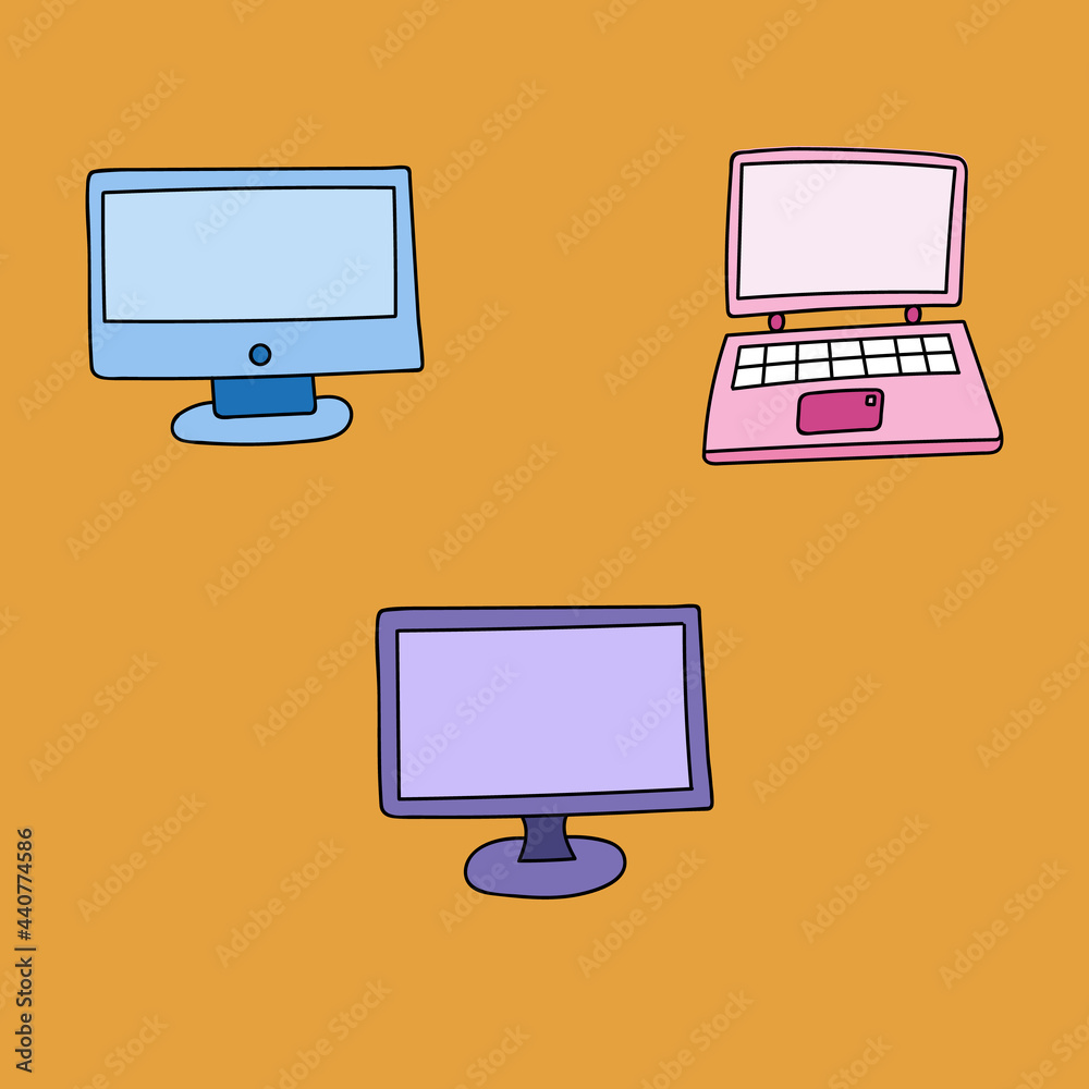 Set of cute hand drawn cartoon computers for business. Monitor, laptop ...