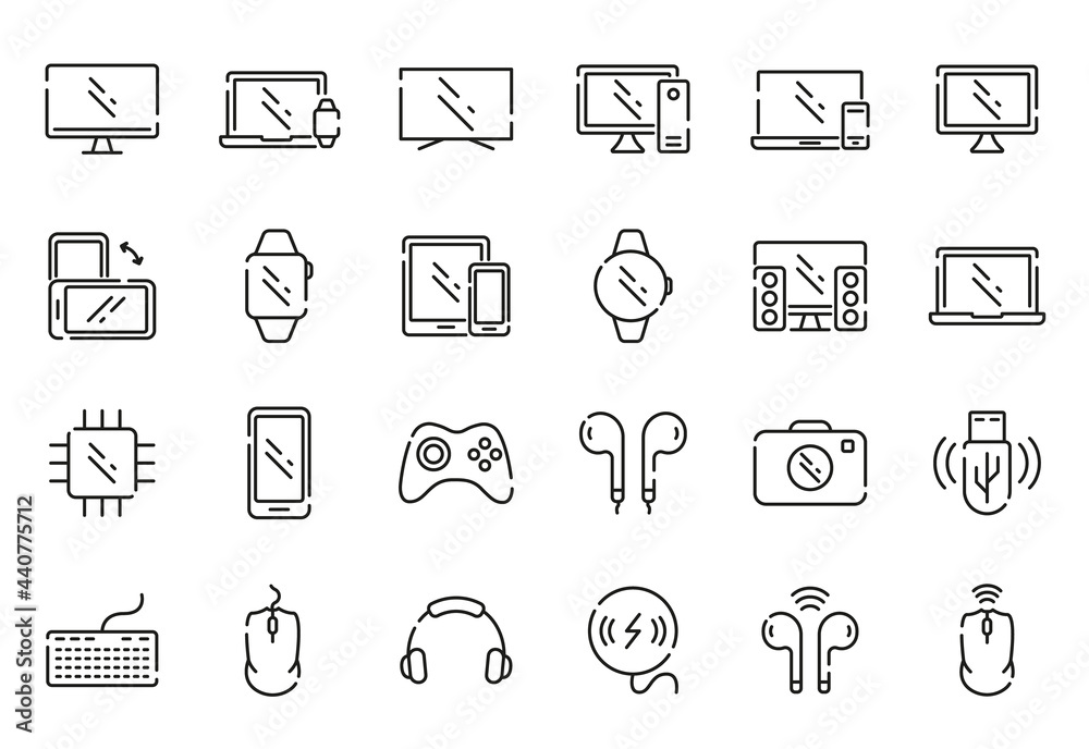 Set of Device Line Icon. Contain Laptop, Phone, Headphone, PC, Notebook ...