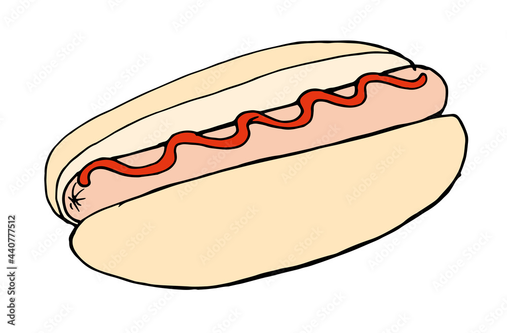 Vector hot dog in natural colors with red ketchup. hand-drawn sketch ...
