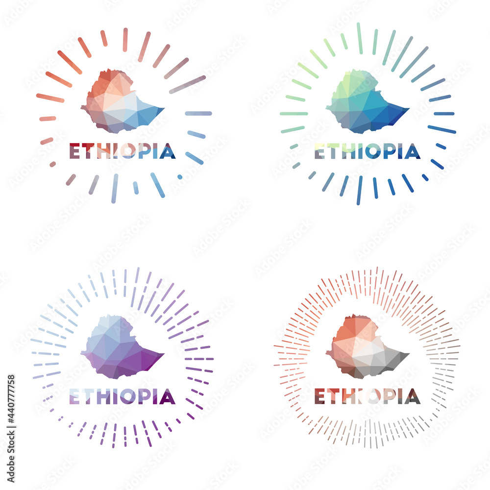 Ethiopia low poly sunburst set. Logo of country in geometric polygonal ...