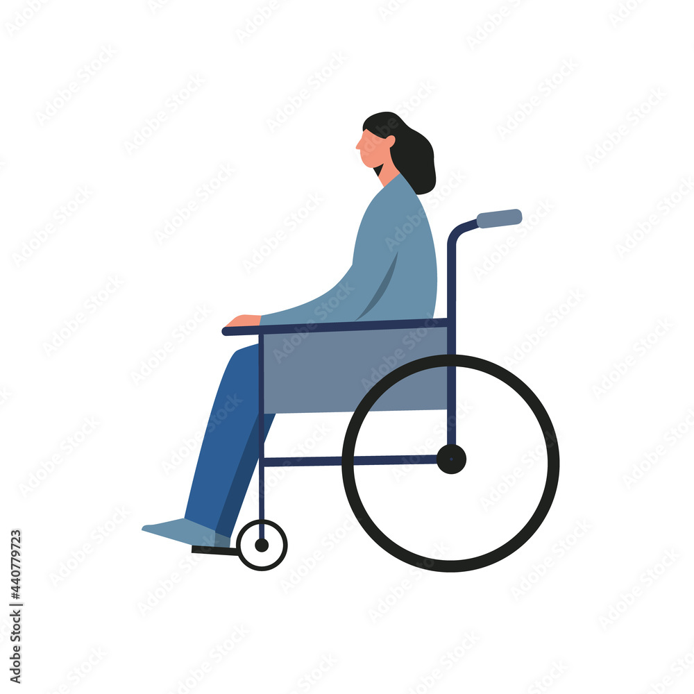 Disabled female character sitting in a wheelchair isolated on white ...