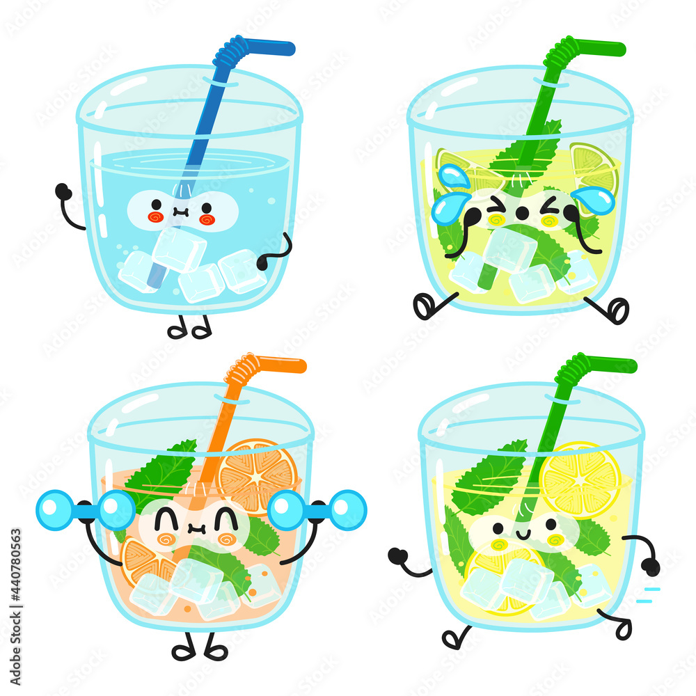 Funny cute happy water, mojito, orange juice, lemonade characters ...