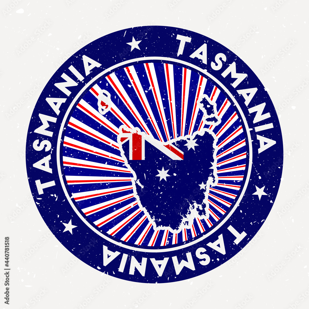 Tasmania round stamp. Logo of island with flag. Vintage badge with ...