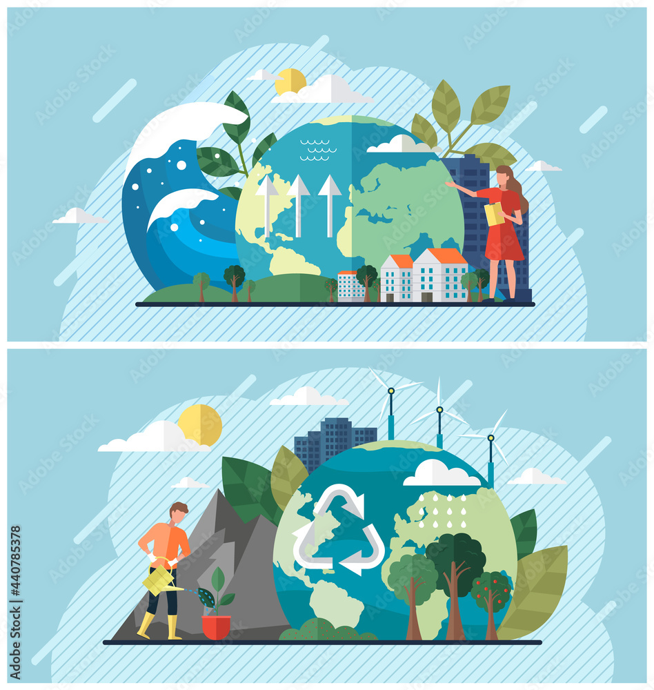 Set of illustrations about people using planet natural resources and ...