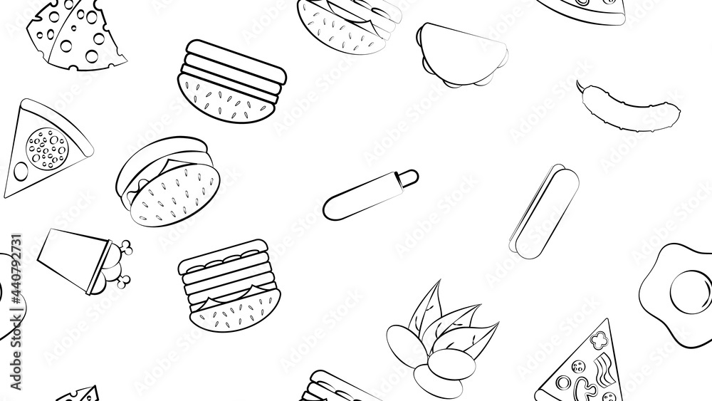 Black and white endless seamless pattern of food and snack items icons ...