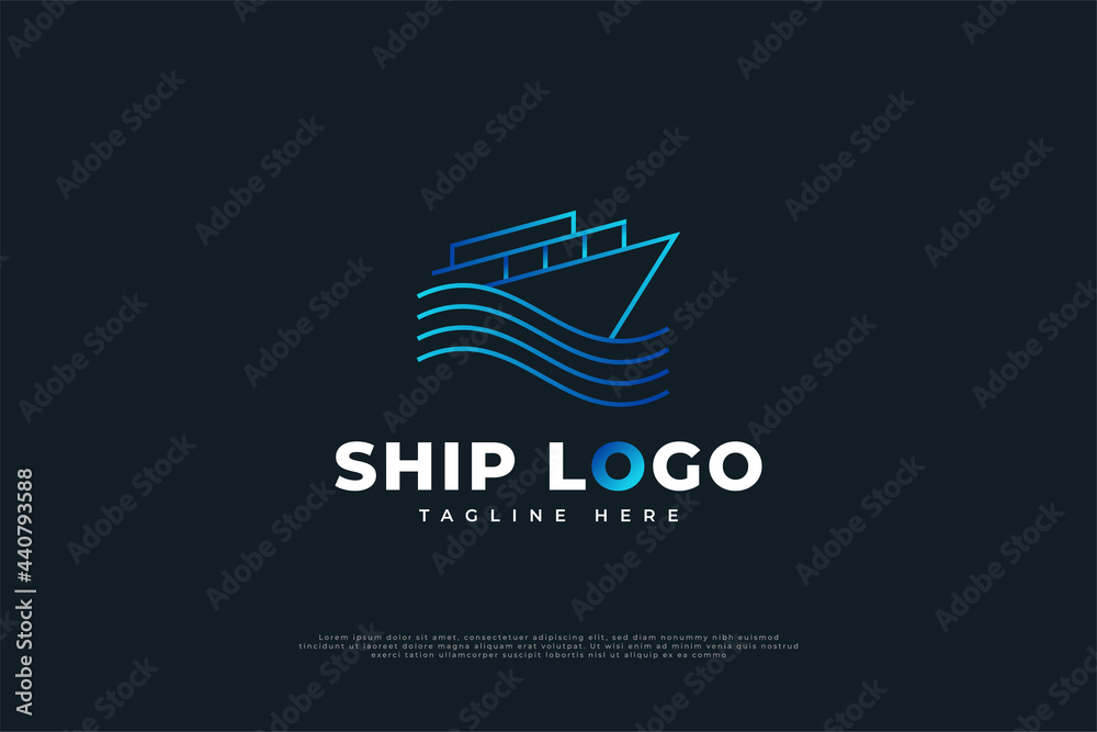 Blue Ship Logo Design with Line Style. Cargo Ship or Shipping Logo ...