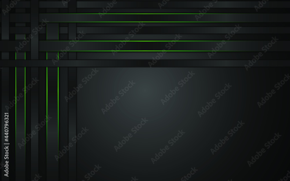 Abstract green lines and black lines overlaid on black background ...