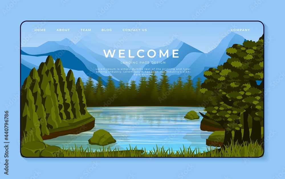 Welcome landing page design with natural landscape illustration. Web UI ...
