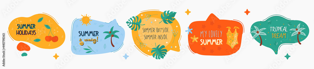 Doodle summer speech bubbles with colorful stickers. Stylized quote and ...