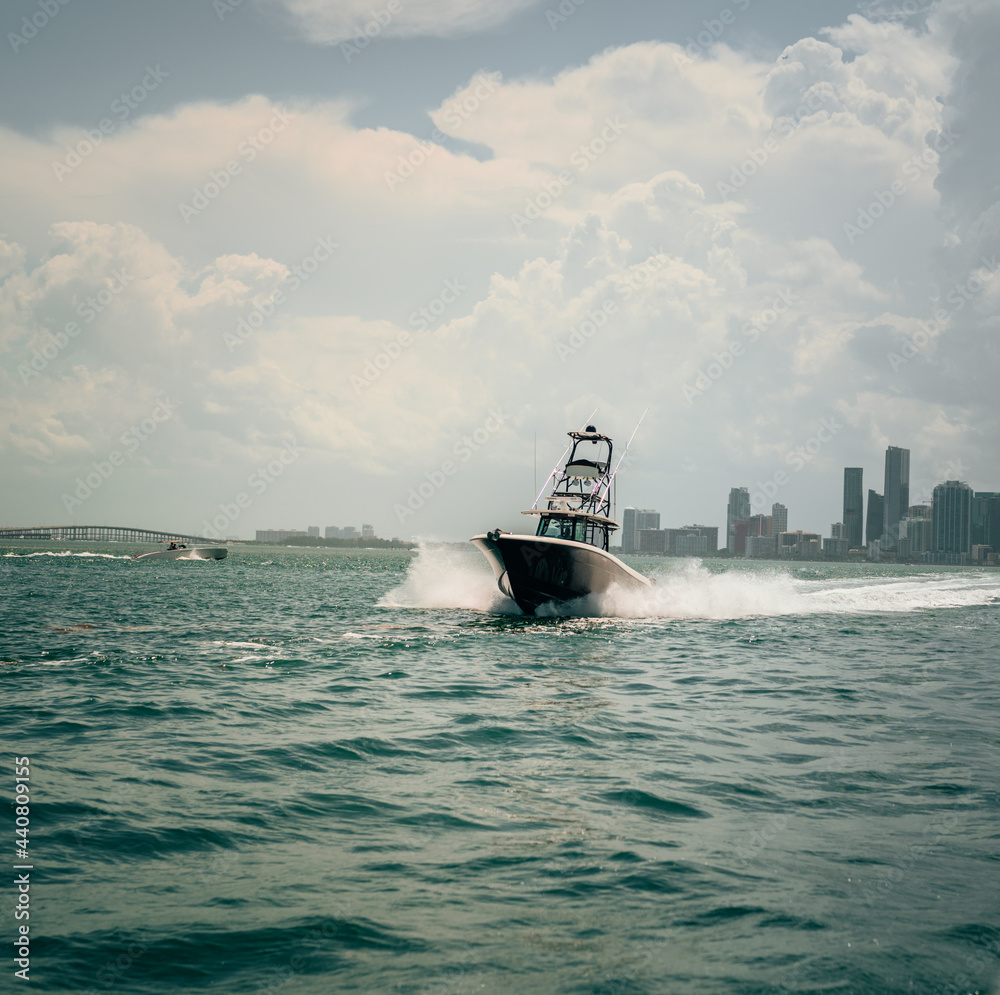 boat in the sea skyline boat sea Miami Florida clouds sky ferry yacht ...