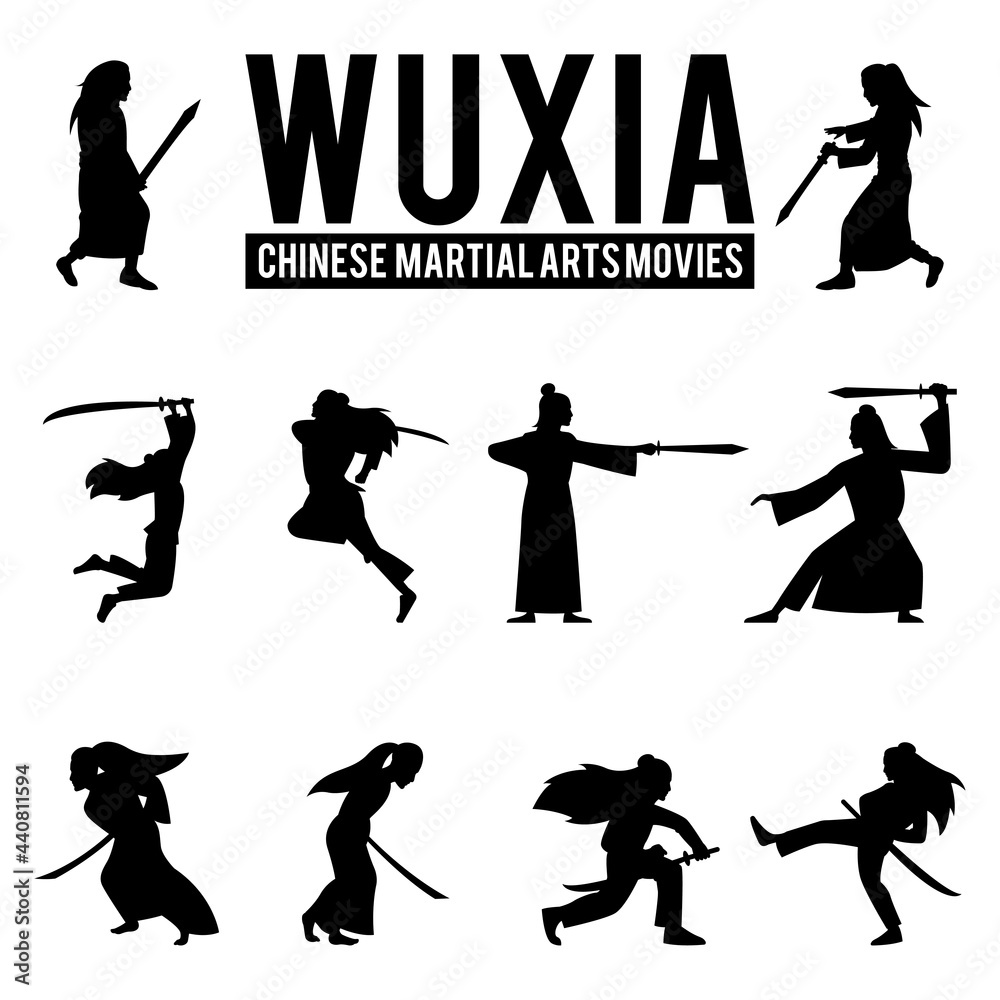 Set of silhouette design of chinese martial arts movie actions,vector ...