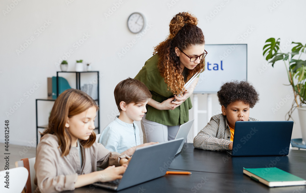 Diverse group of children using computers during IT class in school ...