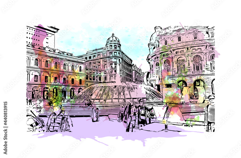Building view with landmark of Genoa is the city in Italy. Watercolor ...