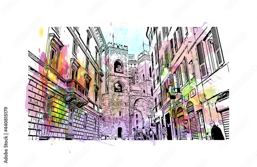 Building view with landmark of Genoa is the city in Italy. Watercolor ...
