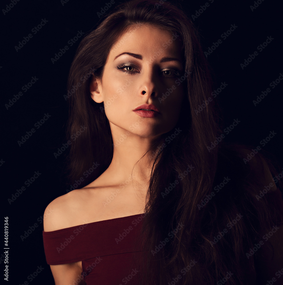 Beautiful mysterious woman makeup face with wisdom emotional look on ...