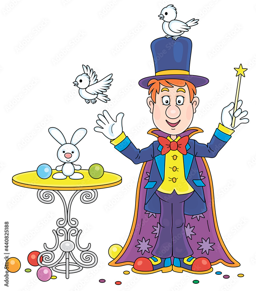 Artful circus magician illusionist with a mysterious hat and a magic ...