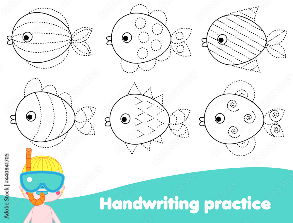 Handwriting practice sheet with fishes. Educational children game ...