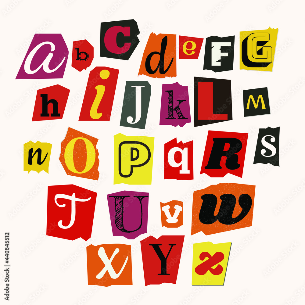 Newspaper alphabet. Ransom note. Color retro paper style letters ...