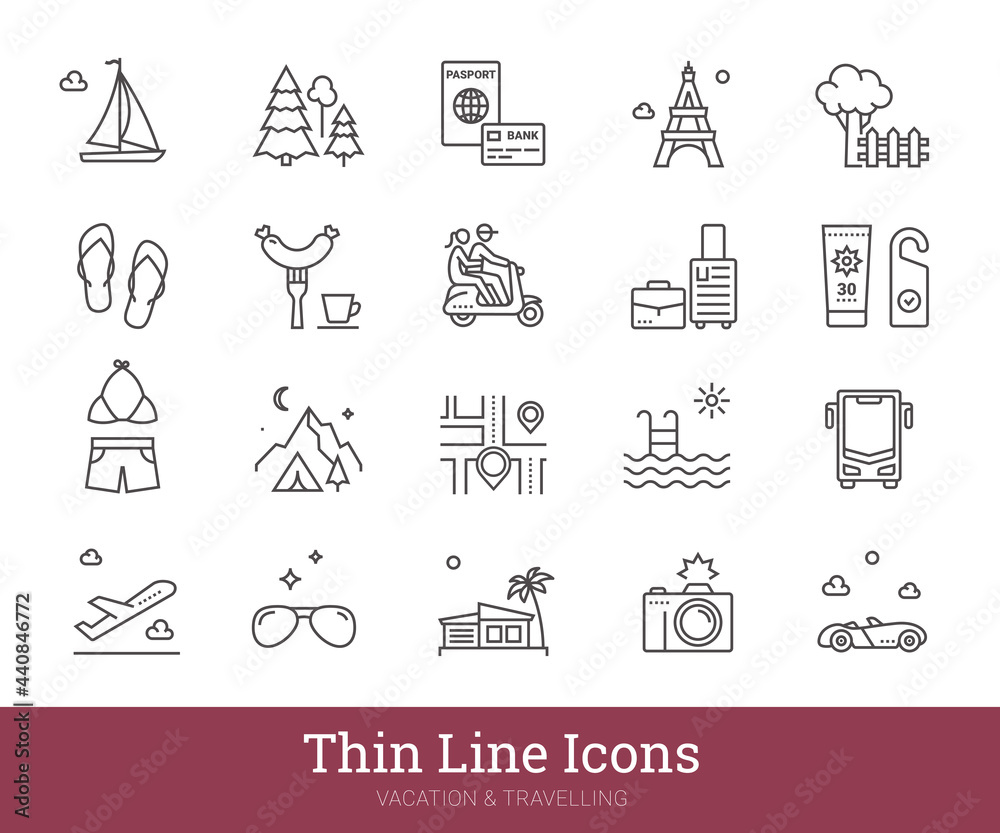 Traveling, vacation thin line icons. Tourism, transport linear vector ...