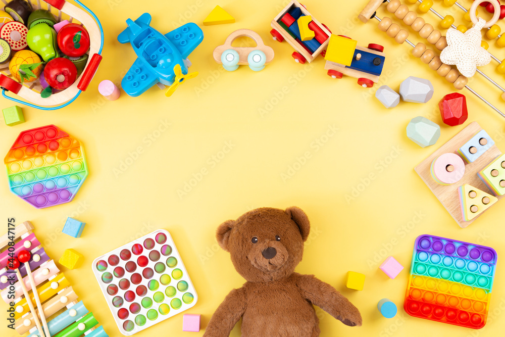 Baby kids toy frame with teddy bear, wooden and musical toys, abacus ...