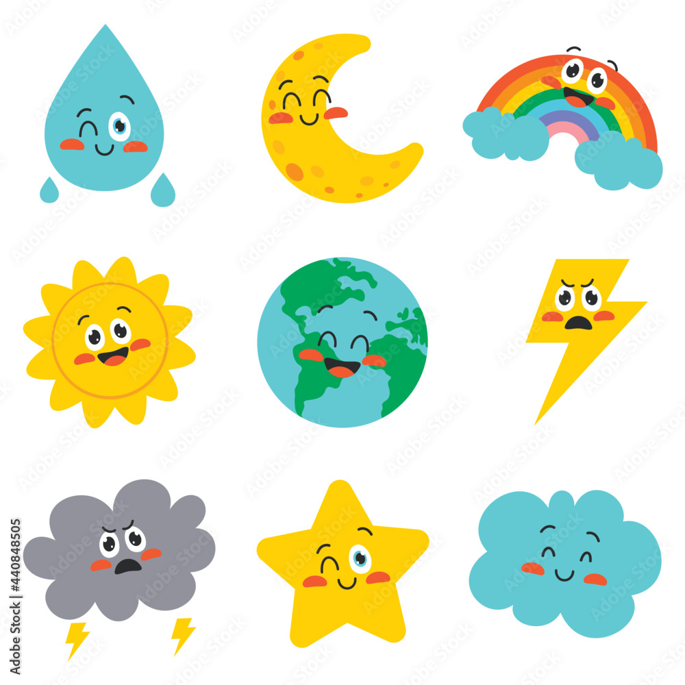 Cute Cartoon Weather Characters Posing Stock Vector | Adobe Stock
