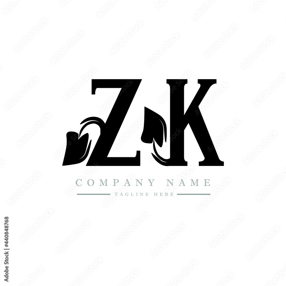 ZK letter logo design. ZK letter with leaf shape. ZK Creative two ...