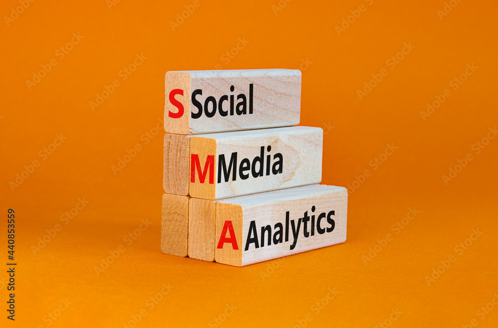 SMA social media analytics symbol. Wooden blocks with word 'SMA social ...