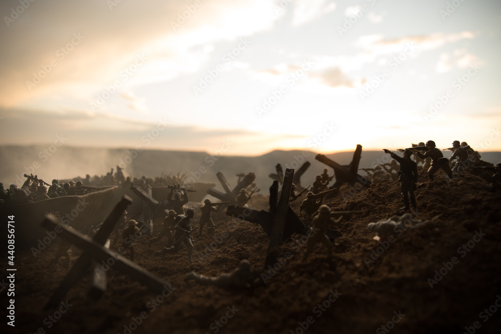 World War 2 reenactment (D-day). Creative decoration with toy soldiers ...