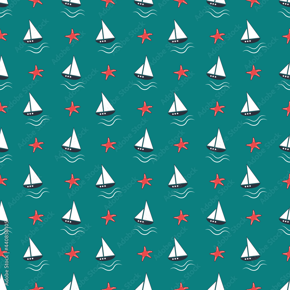 Summer nautical pattern with ships, waves and starfish on a blue ...