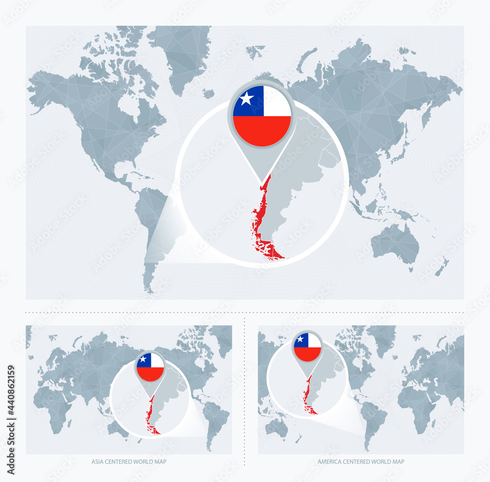 Vetor do Stock: Magnified Chile over Map of the World, 3 versions of ...
