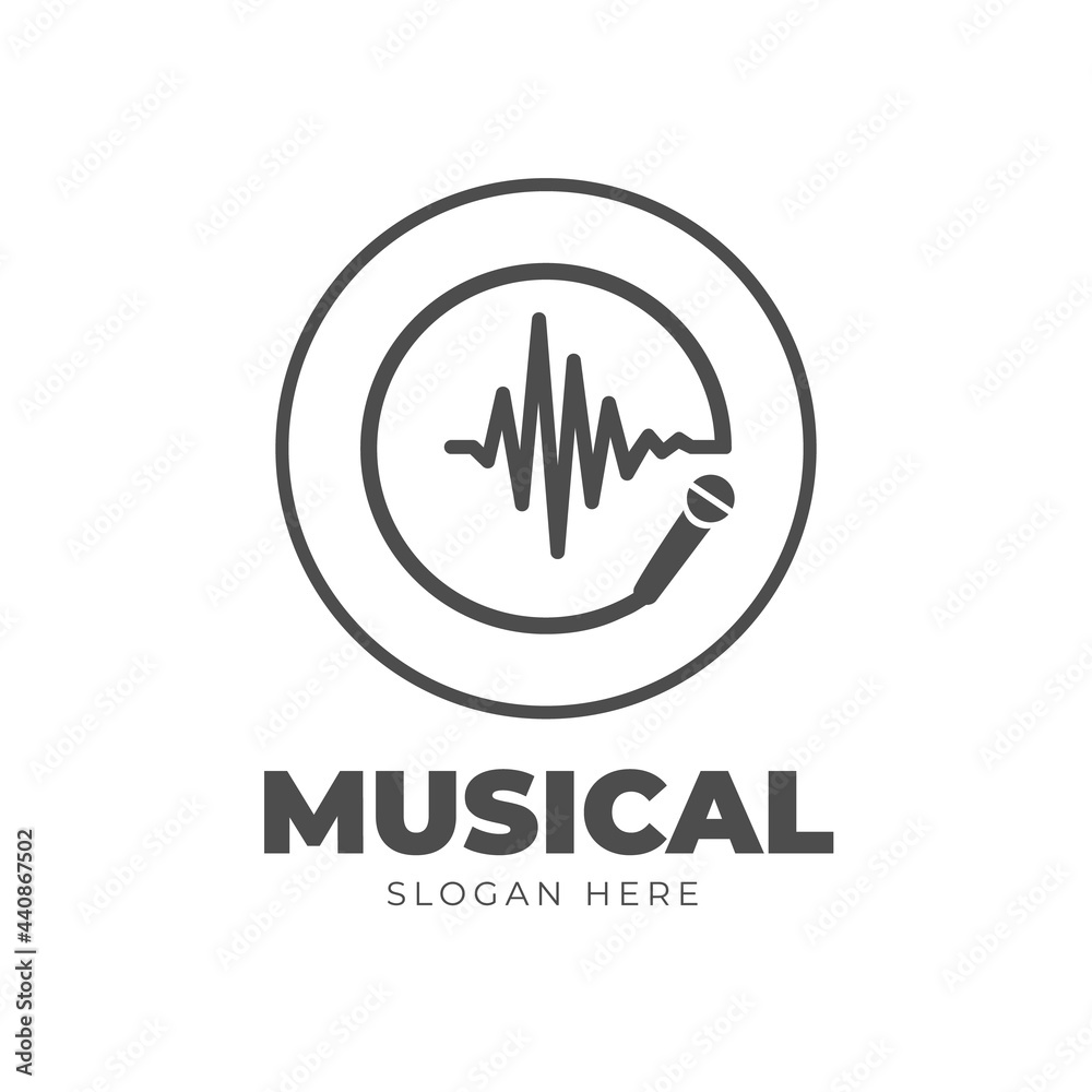 Music logo design. Music shop logo template. Microphone and sound wave ...