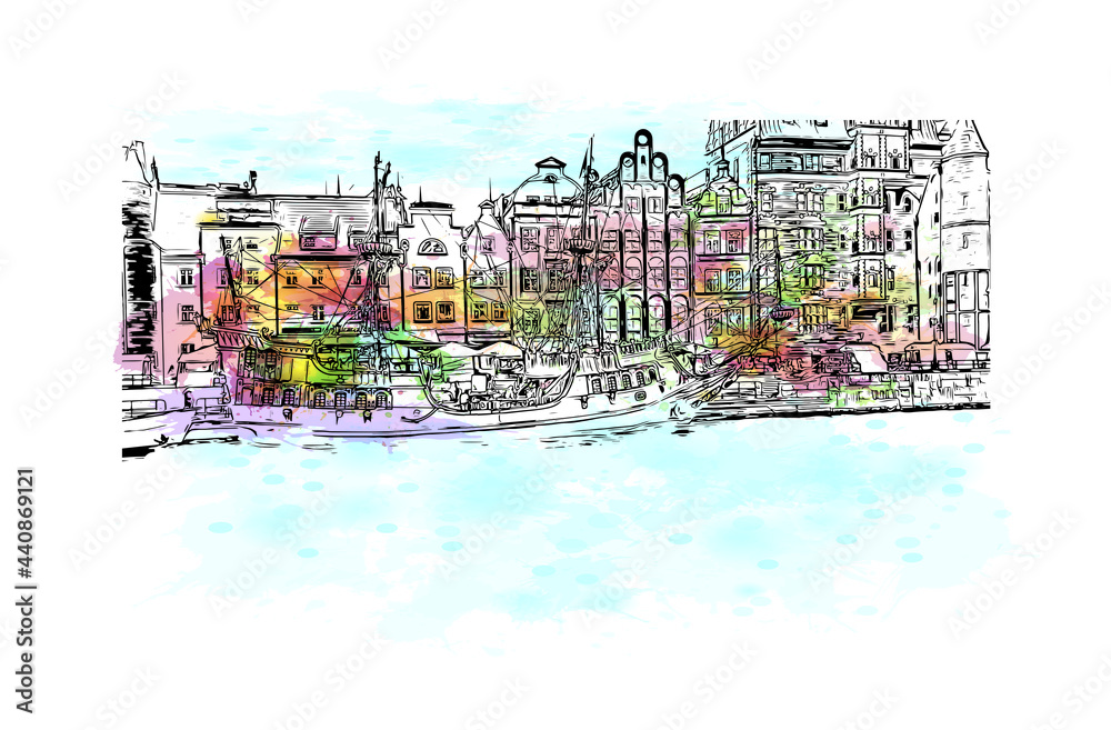 Building view with landmark of Gdansk is the city in Poland. Watercolor ...