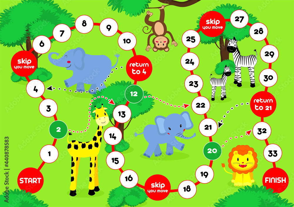 Kids board game with a safari animal. Worksheets for book. Children ...