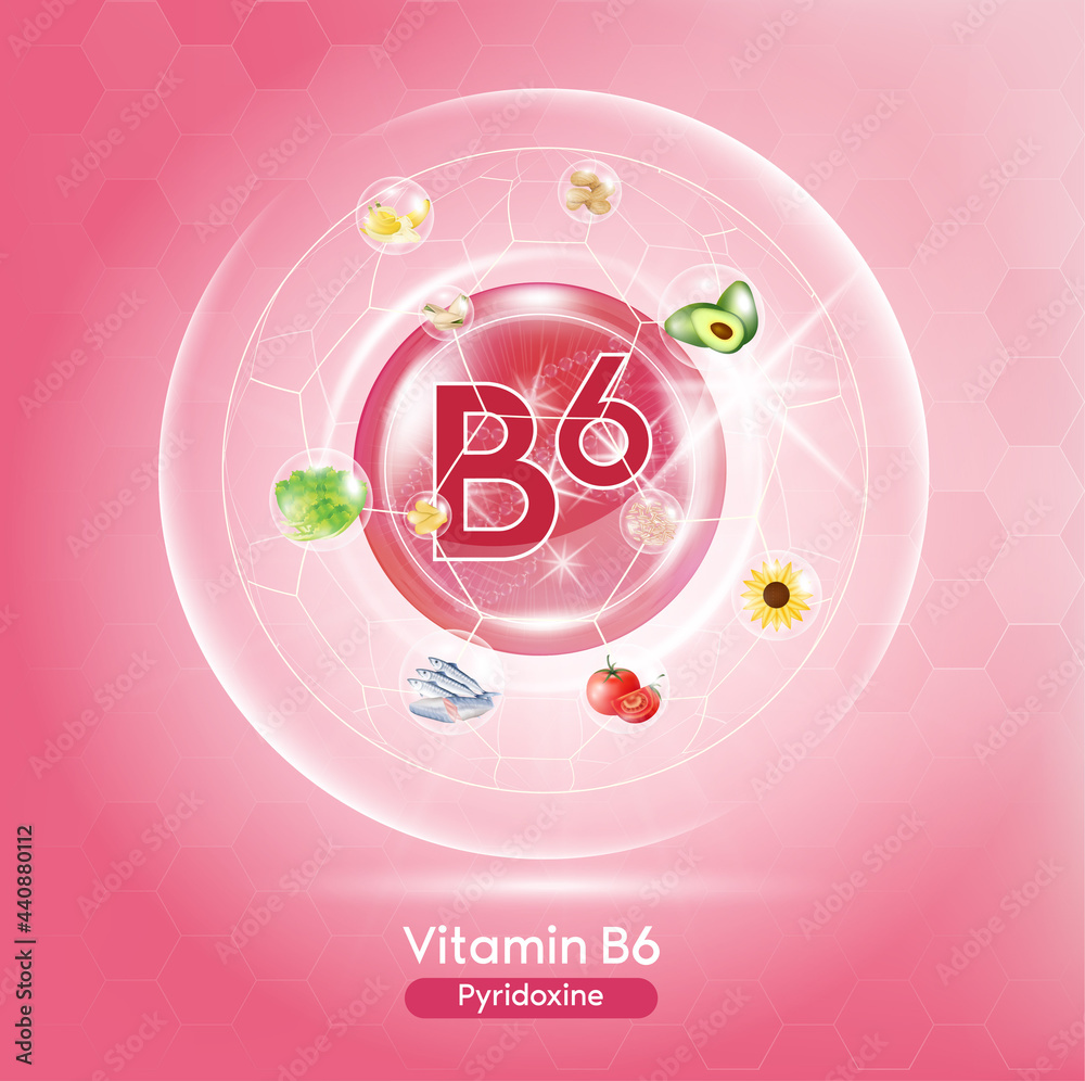 Vecteur Stock Pink vitamin B6 capsules, fruits and vegetables that ...